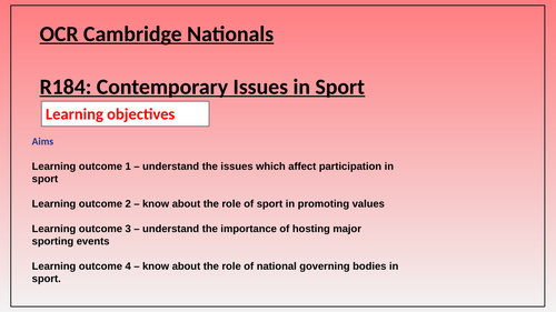 R184: Contemporary Issues in Sport. OCR Cambridge Nationals Sports ...