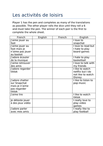 Les activités de loisirs | Teaching Resources