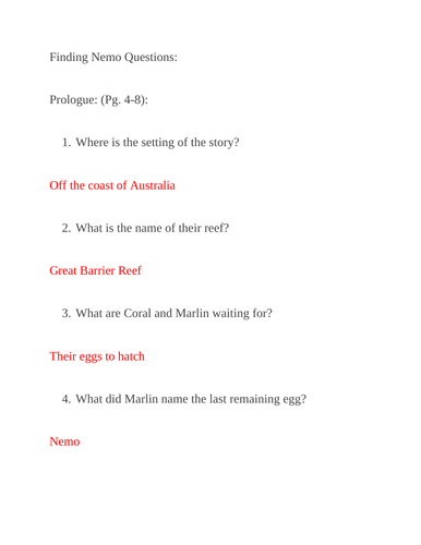Reading Comprehension- Finding Nemo | Teaching Resources