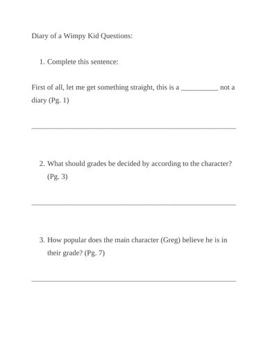 Reading Comprehension- Diary of a Wimpy Kid #1 | Teaching Resources