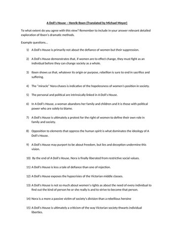 A Doll's House Full Unit of Work (AQA Lit B: Political & Social Protest ...
