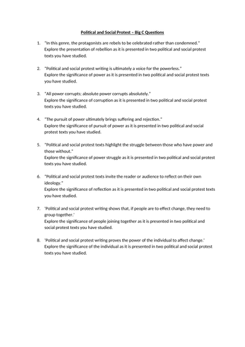 AQA Lit B Political & Social Protest: Section C | Teaching Resources
