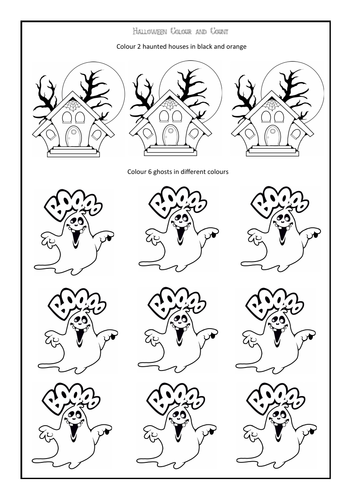 5 Halloween Count and Colour Worksheets | Teaching Resources