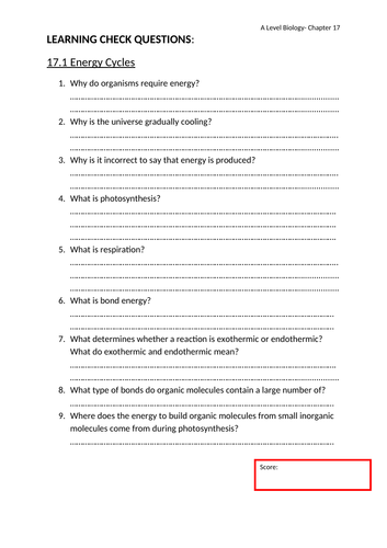 OCR Biology A- 17.1 Energy Cycles | Teaching Resources