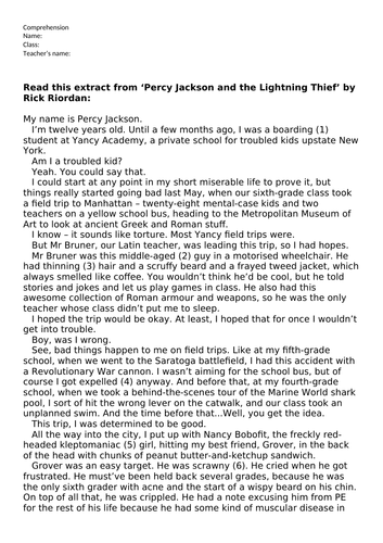 Single Cover Lesson Comprehension: Percy Jackson | Teaching Resources