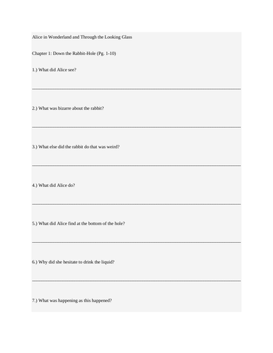 Reading Comp- Alice's Adventures in Wonderland and Through The Looking ...