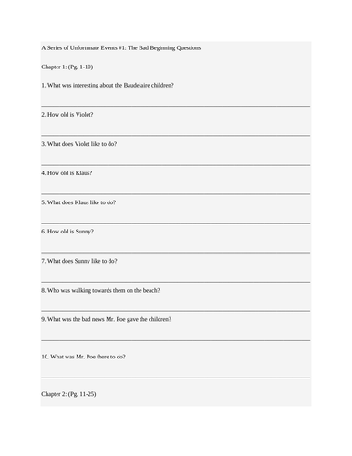 Reading Comprehension- A Series Of Unfortunate Events #1- The Bad ...