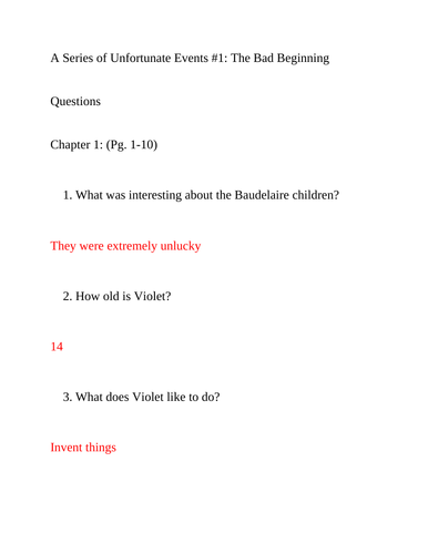 Reading Comprehension- A Series Of Unfortunate Events #1- The Bad ...