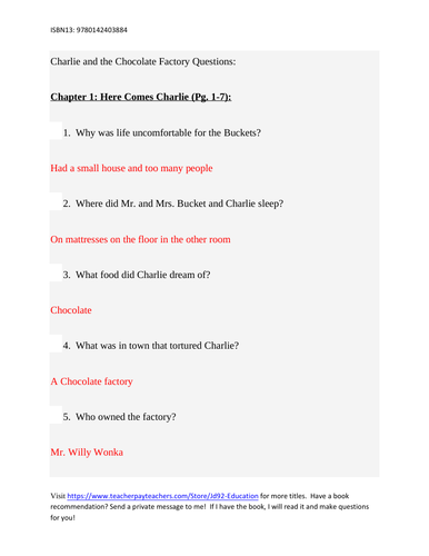 Reading Comprehension- Charlie and the Chocolate Factory By: Roald Dahl ...