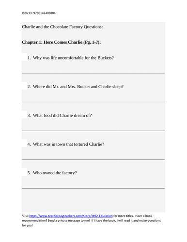 Reading Comprehension- Charlie and the Chocolate Factory By: Roald Dahl ...