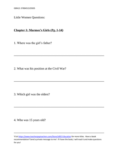 Reading Comprehension- Little Women By: Louisa Alcott | Teaching Resources