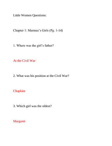 Reading Comprehension- Little Women By: Louisa Alcott | Teaching Resources