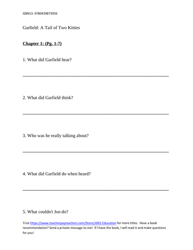 Reading Comprehension Garfield- A Tail Of Two Kitties By: Michael ...