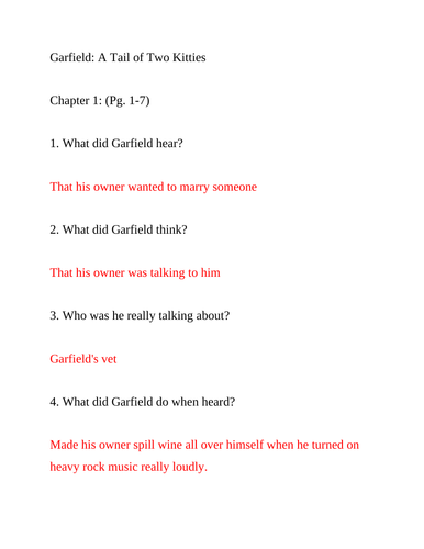 Reading Comprehension Garfield- A Tail Of Two Kitties By: Michael ...