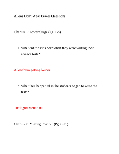 Reading Comprehension- BSK#7- Aliens Don't Wear Braces By: Debbie Dadey ...