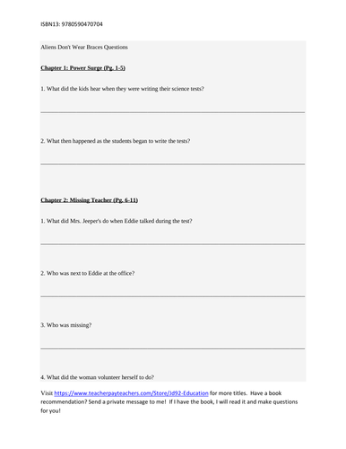 Reading Comprehension- BSK#7- Aliens Don't Wear Braces By: Debbie Dadey ...