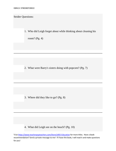 Reading Comprehension- Leigh Botts #2- Strider By: Beverly Cleary ...