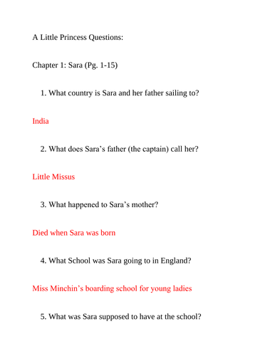 Reading Comprehension Questions: A Little Princess By Tania Zamorsky ...