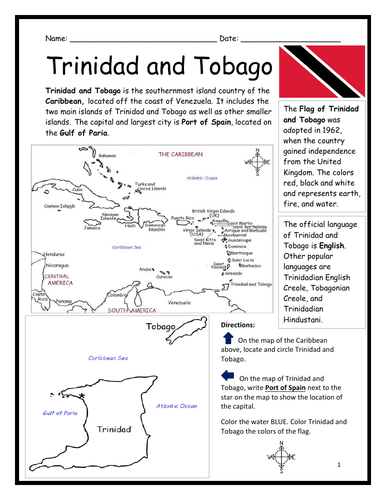 Trinidad and Tobago Printable Worksheet with map and flag | Teaching ...