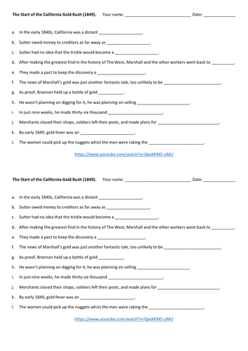 1848 1849 California Goldrush Video Questions | Teaching Resources