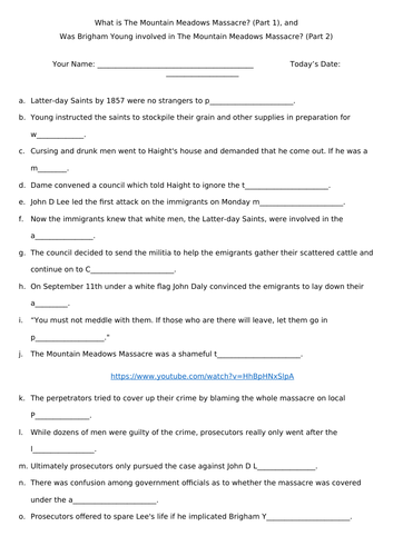 Mountain Meadow Massacre Videos Qs Differentiated | Teaching Resources
