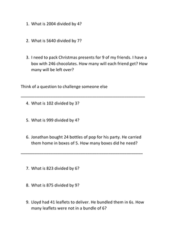 Short Division Questions | Teaching Resources