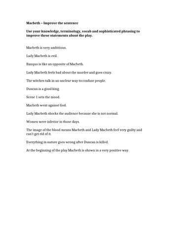 GCSE 9-1 Macbeth Higher Ability / Stretch and Challenge | Teaching ...