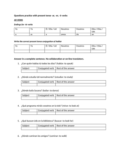 Questions practice: Present tense ar er ir verbs | Teaching Resources