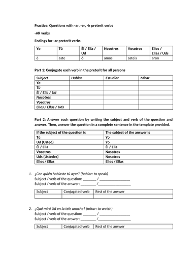 Preterit: Questions practice with ar er ir verbs | Teaching Resources