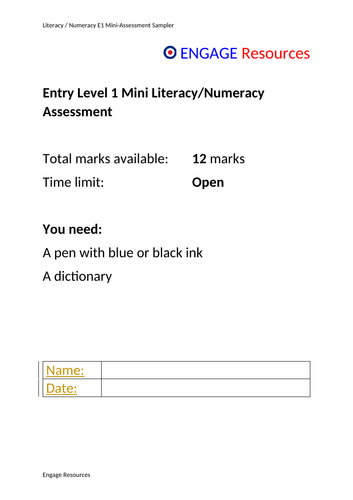 Literacy and Numeracy Mini Assessment E1 | Teaching Resources