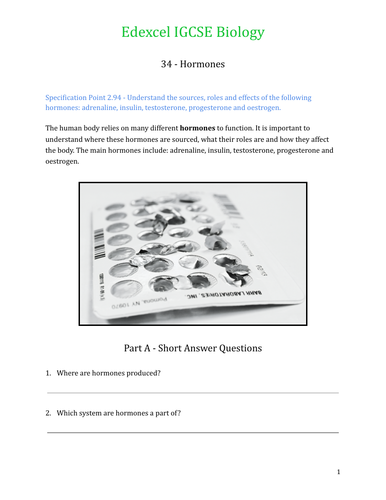 Edexcel IGCSE Biology Worksheet 34 - Hormones | Teaching Resources Edexcel IGCSE Biology Worksheet 34 - Hormones | Teaching Resources