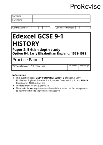 Edexcel GCSE 9-1 History: Early Elizabethan England Practice Paper 1 ...