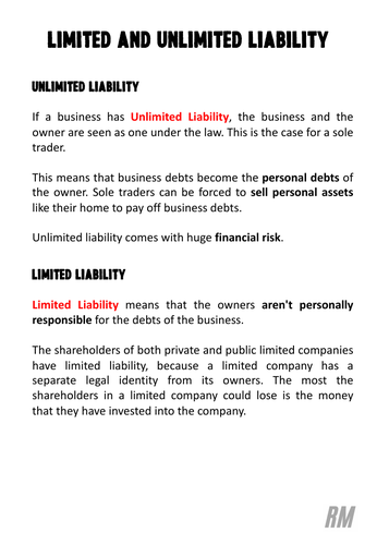Limited and Unlimited Liability | Teaching Resources