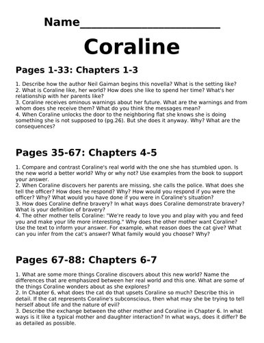 Coraline Worksheets and Chapter Questions | Teaching Resources
