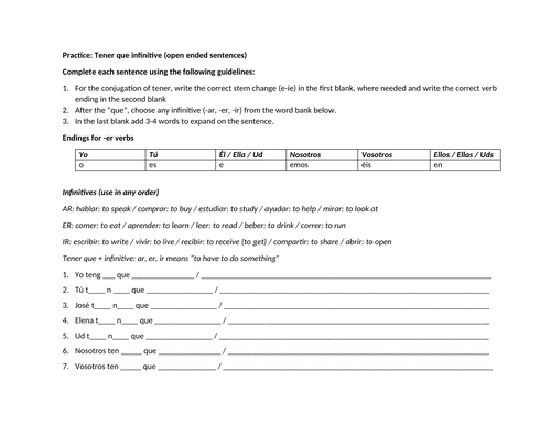 Tener que infinitive original sentence worksheet | Teaching Resources