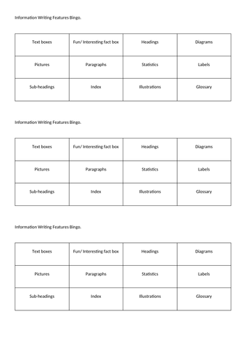 Information Text Features Bingo | Teaching Resources