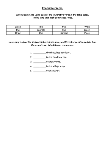 Imperative verbs levelled worksheets | Teaching Resources