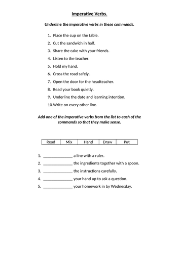 Imperative verbs levelled worksheets | Teaching Resources