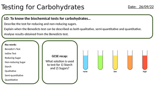 AS/A2-Level AQA Biology Testing for Carbohydrates Iodine Test Benedict ...