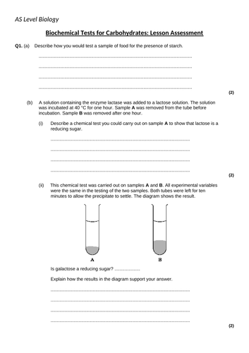 AS/A2-Level AQA Biology Testing for Carbohydrates Iodine Test Benedict ...