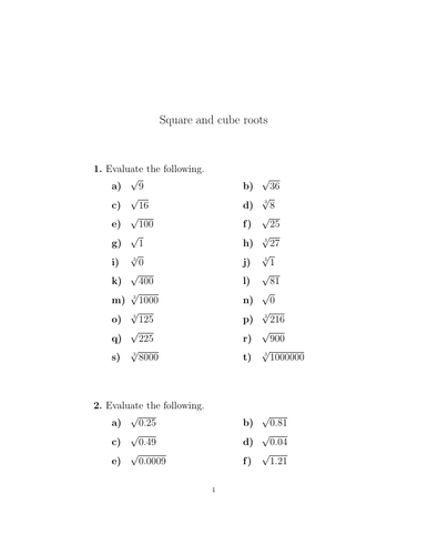 Square and cube roots (integers, decimals and fractions) worksheet ...