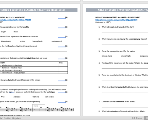 AQA GCSE MUSIC - Area of Study 1 Practice Questions | Teaching Resources