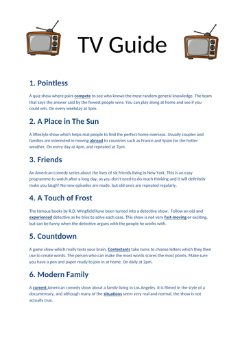 TV Guide Worksheet PET Style Reading Activity | Teaching Resources