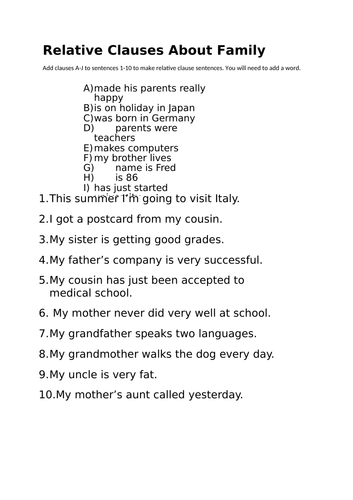 Relative Clauses Worksheet Family B1+ | Teaching Resources