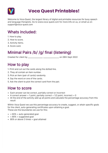 Minimal Pairs /b/ /g/ final - Voca Quest Printable | Teaching Resources