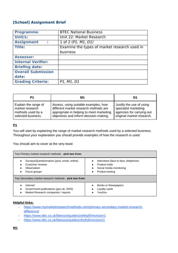 BTEC L3 Business - Unit 22 - Assignment Templates: Market Research ...