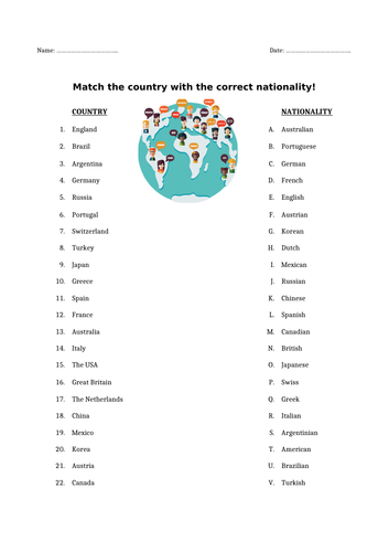 Countries and Nationalities Nouns and Adjectives Worksheet | Teaching ...