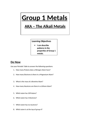Group 1 metals | Teaching Resources
