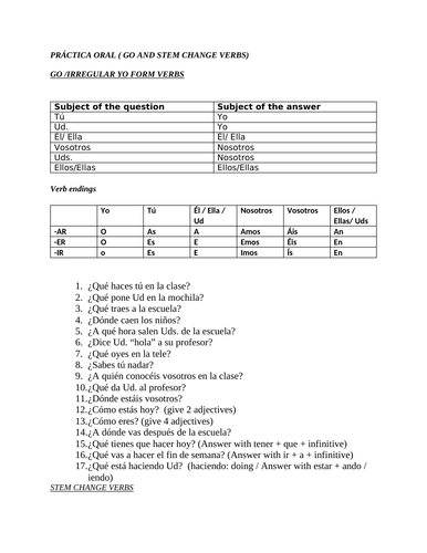 Go and stem change verbs oral practice | Teaching Resources