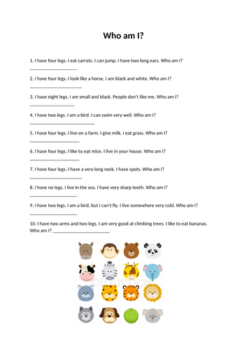 Who Am I? Guess The Animal YL Worksheet | Teaching Resources